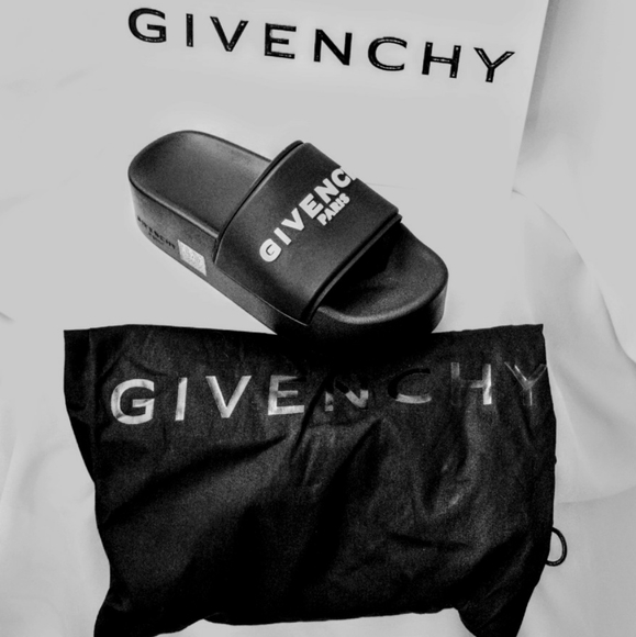 Givenchy | Shoes | Givenchy Platform Slides Sandals Black W White Logo ...